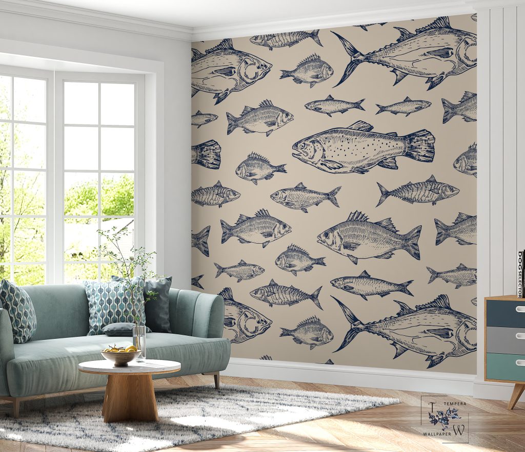 Fish pattern mural, Fish Wall Mural, Vintage Fish Wallpaper - TemperaArt