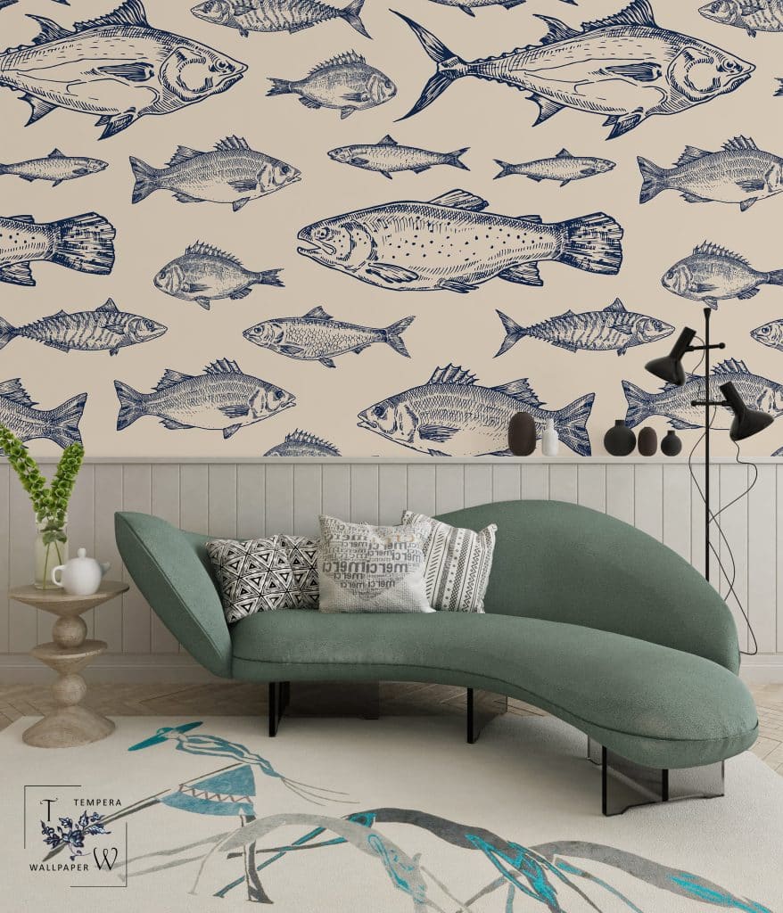 Fish pattern mural, Fish Wall Mural, Vintage Fish Wallpaper - TemperaArt