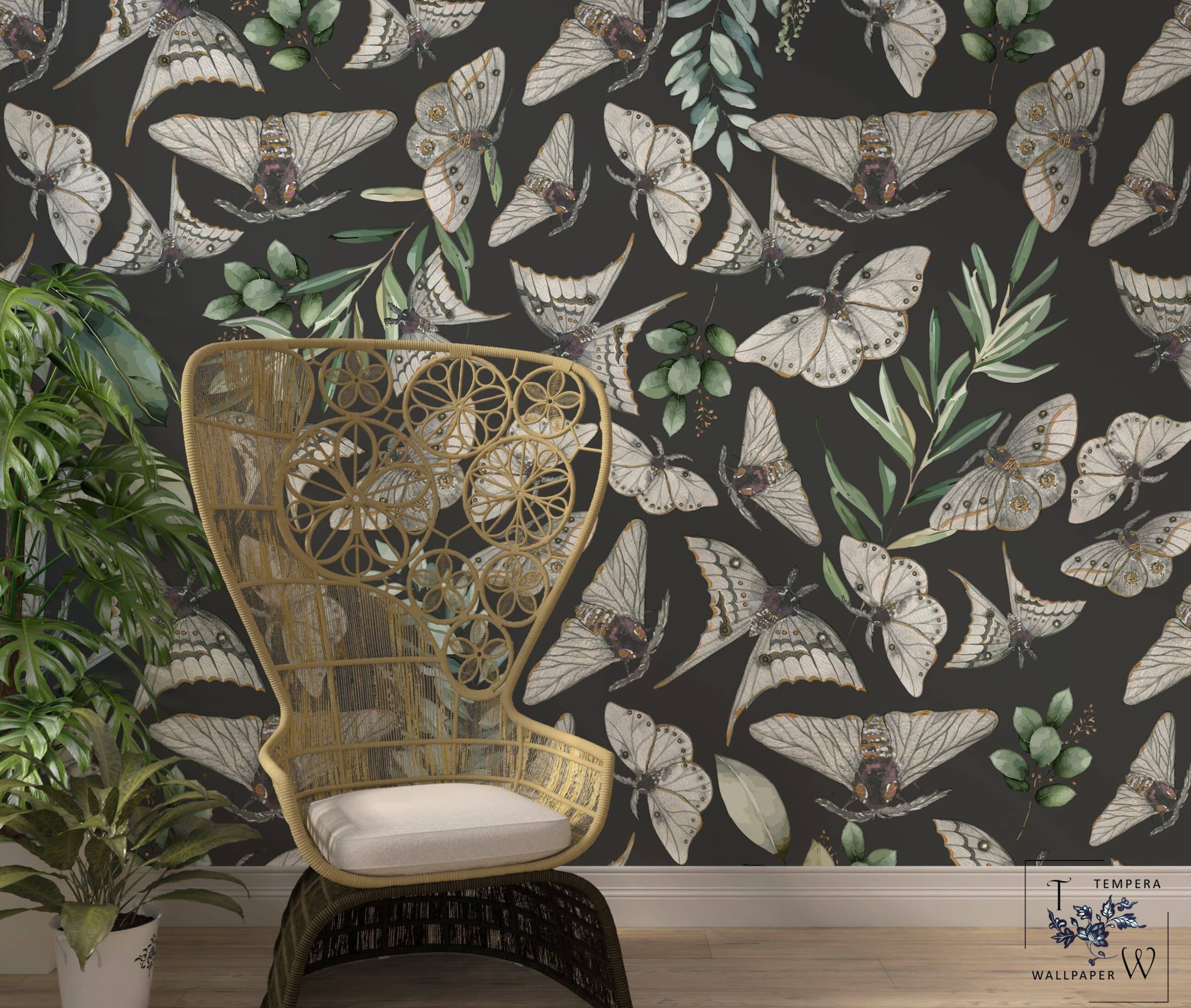 Moths Botanical mural. Moths and plants wallpaper, Dark Moths Wallpaper ...
